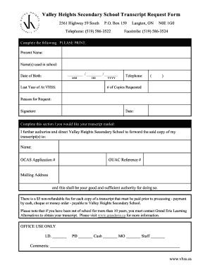 Fillable Online vhssbears Valley Heights Secondary School Transcript ...