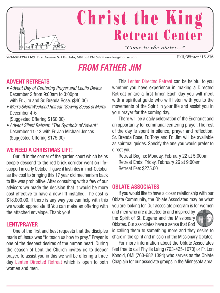 Fillable Online Advent retreats - Christ the King Retreat Center Fax ...