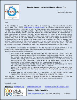 Fillable Online cleanwaterclimb Sample Support Letter for Mission Trips ...