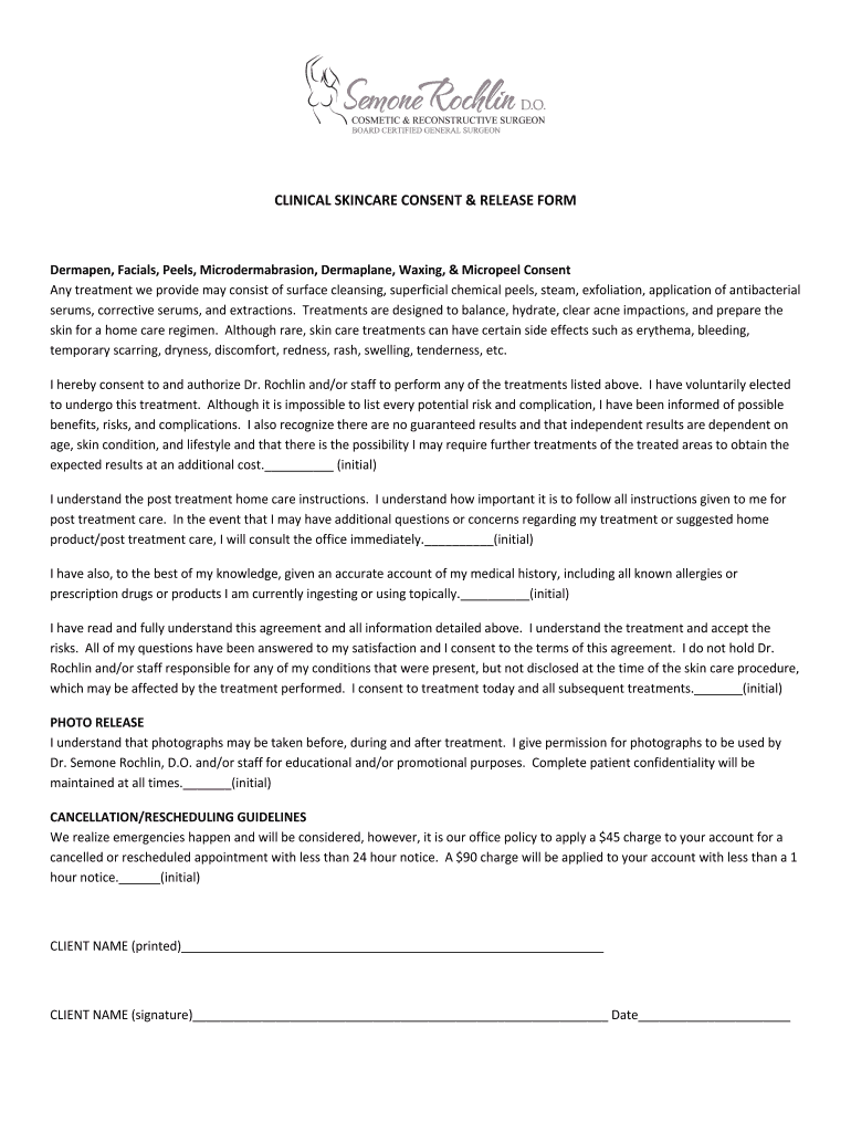 Fillable Online CLINICAL SKINCARE CONSENT amp RELEASE FORM - Dr Rochlin ...