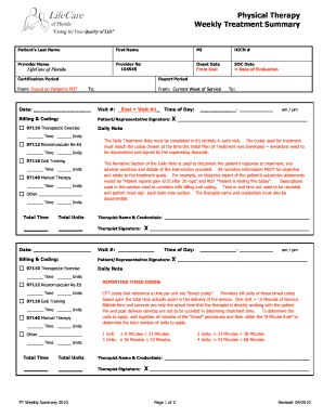 Fillable Online Physical Therapy Weekly Treatment Summary - LifeCare ...