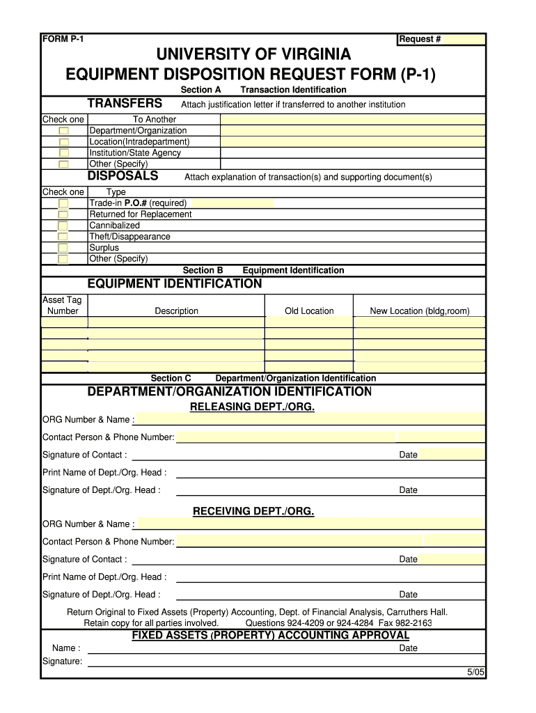 Fillable Online uvawise UNIVERSITY OF VIRGINIA EQUIPMENT DISPOSITION ...