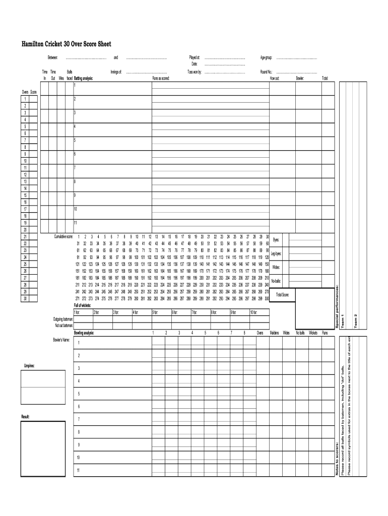 Fillable Online Hamilton Cricket 30 Over Score Sheet Fax Email Print ...