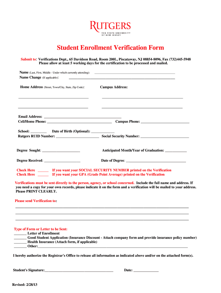 Fillable Online transcripts rutgers Student Enrollment Verification ...
