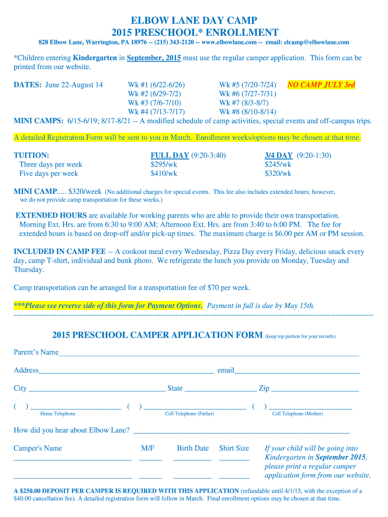 Fillable Online ELBOW LANE DAY CAMP 2015 PRESCHOOL ENROLLMENT Fax Email ...