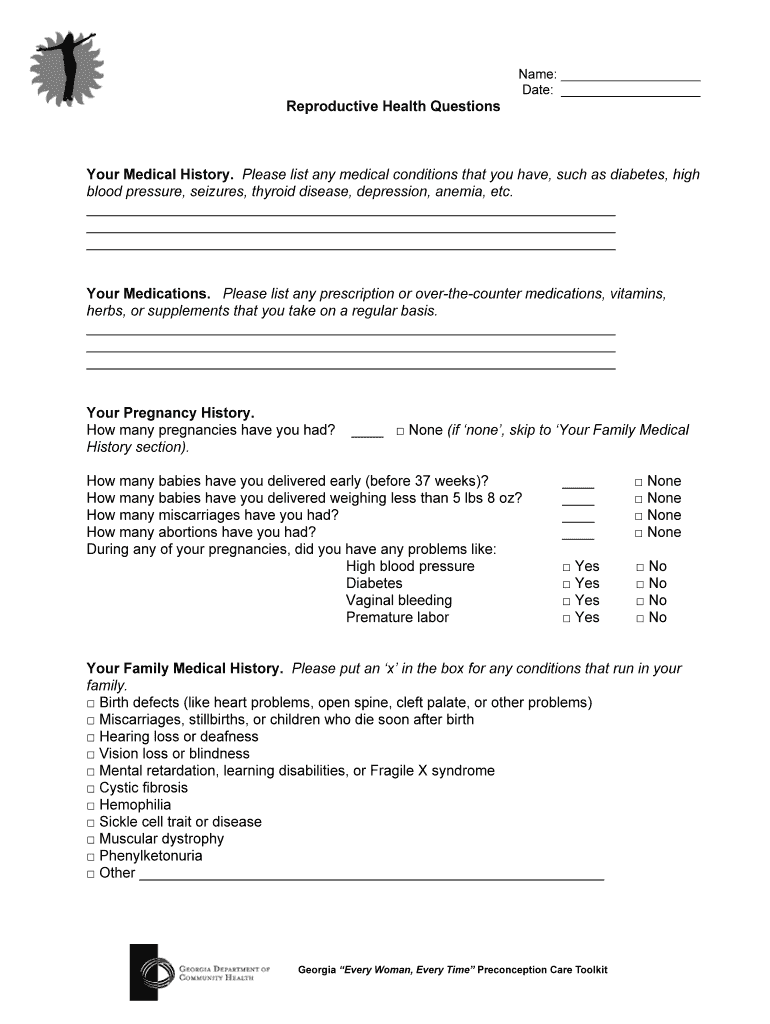 Fillable Online Reproductive Health Questions Your Medical History ...