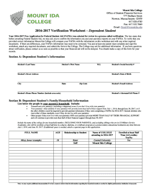 Fillable Online mountida 2016-2017 bVerification Worksheetb bDependentb Student - Mount Ida bb ...