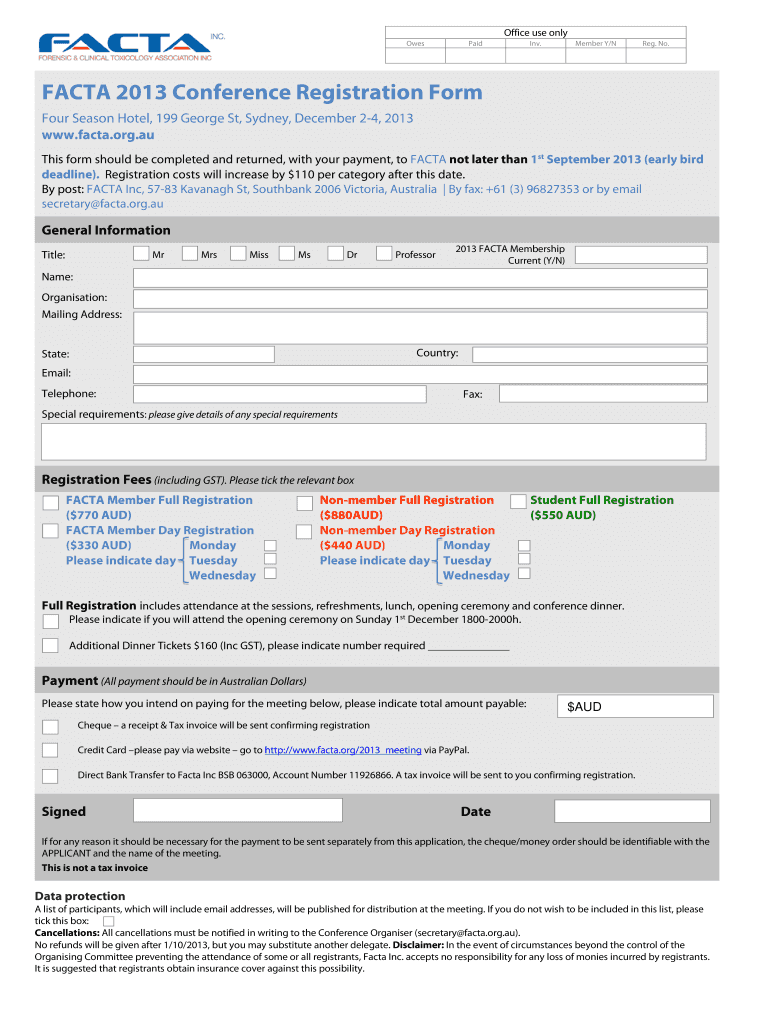 Fillable Online facta org BFACTAb 2013 Conference Registration Form Fax ...