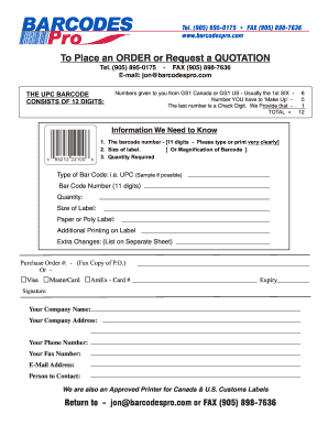 Fillable Online UPC Order bFormb 09 b2005b - Barcodes Pro Fax Email ...