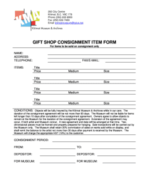 Fillable Online kitimatmuseum GIFT SHOP CONSIGNMENT ITEM FORM - Kitimat ...