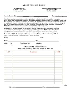 Fillable Online ABSENTEE BID FORM - McCall Auctions Real Estate Fax ...