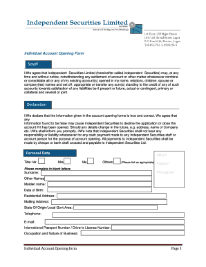 Fillable Online Individual Account Opening Form - Independent Fax Email ...