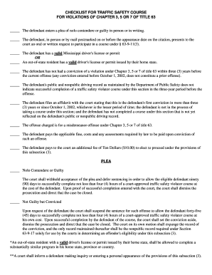 Fillable Online CHECKLIST FOR TRAFFIC SAFETY COURSE FOR VIOLATIONS OF ...