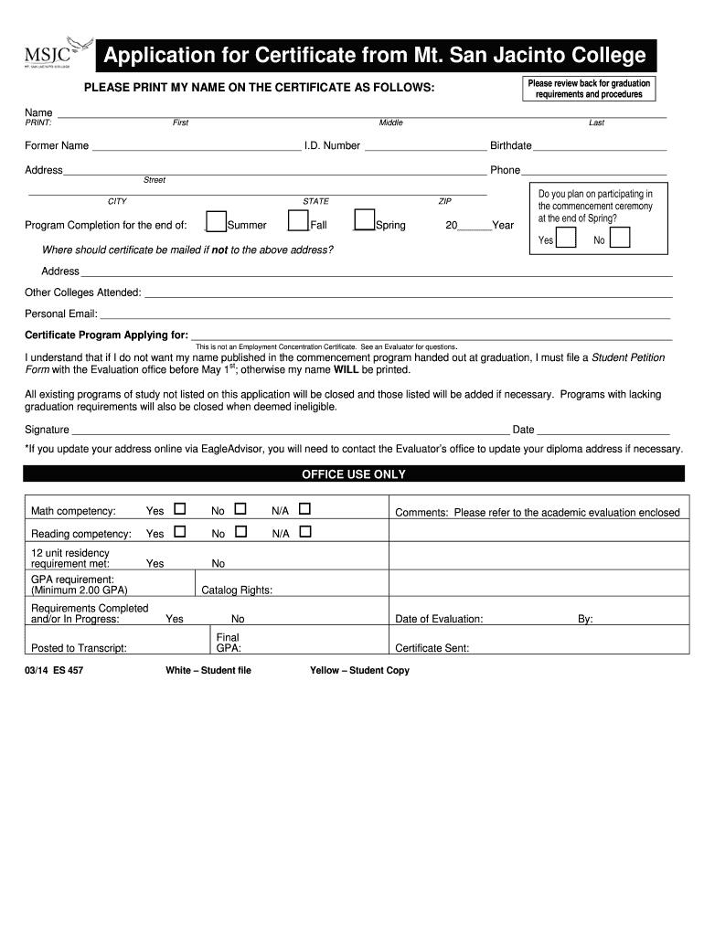 Fillable Online my msjc Application for Certificate from Mt Fax Email ...