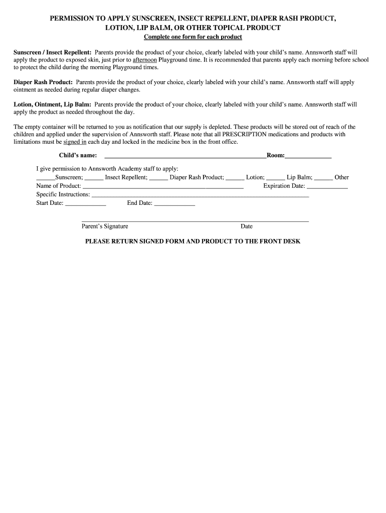 Fillable Online Permission to apply sunscreen, insect repellent, diaper ...