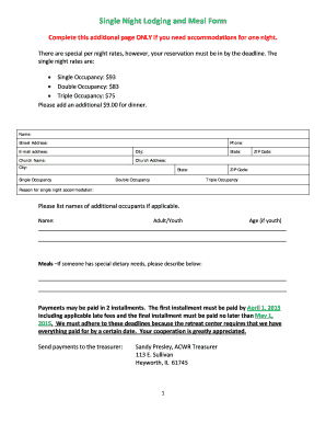 Fillable Online acwretreat Single Night Lodging and Meal Form ...