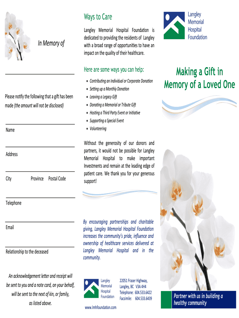 Fillable Online In Memory Brochure - Langley Memorial Hospital ...