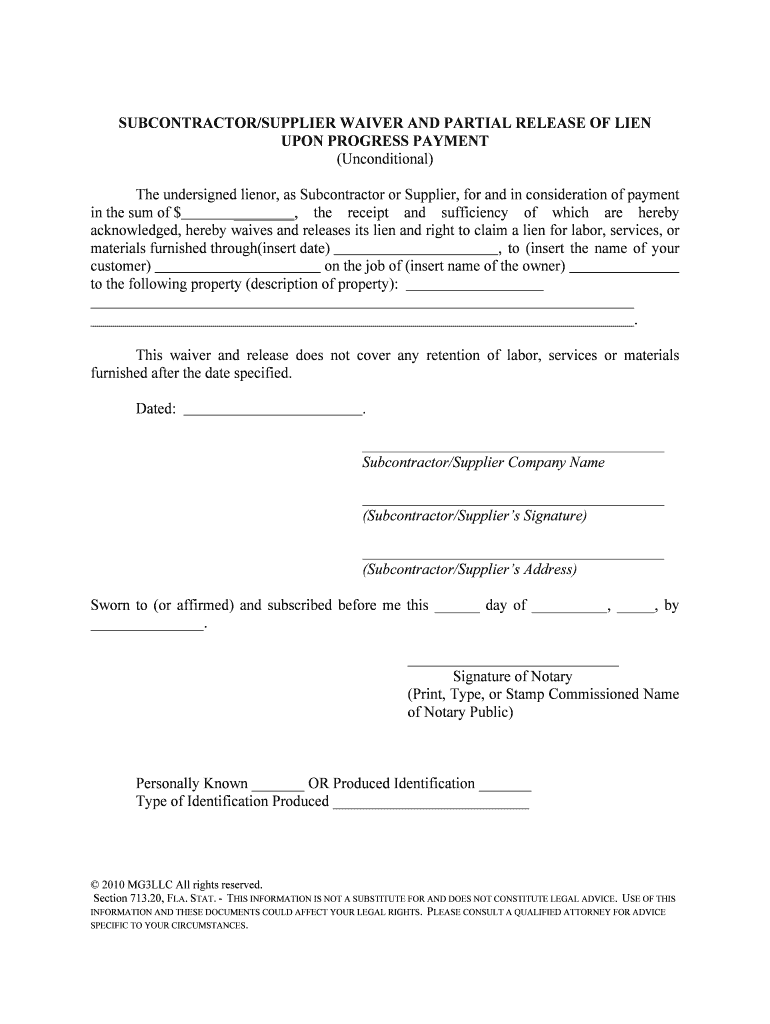 Fillable Online 6B6 SUBCONTRACTOR WAIVER AND PARTIAL RELEASE OF LIEN UPON PROGRESS PAYMENT ...