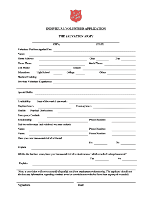 Fillable Online INDIVIDUAL VOLUNTEER APPLICATION THE SALVATION ARMY Fax ...