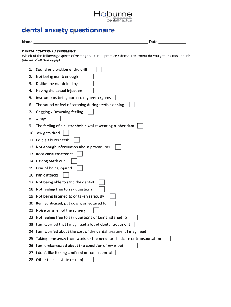 Fillable Online hoburne-dental co Dental anxiety questionnaire ...