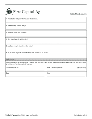 Fillable Online Entity Questionnaire - First Capitol Ag Fax Email Print ...