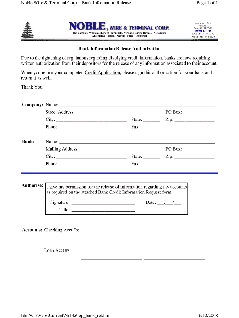 Fillable Online Bank Information Release Authorization Company Bank Fax ...