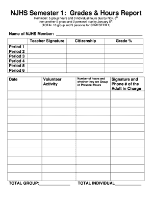 Fillable Online NJHS Semester 1 Grades amp Hours Report - Yola Fax Email Print - pdfFiller