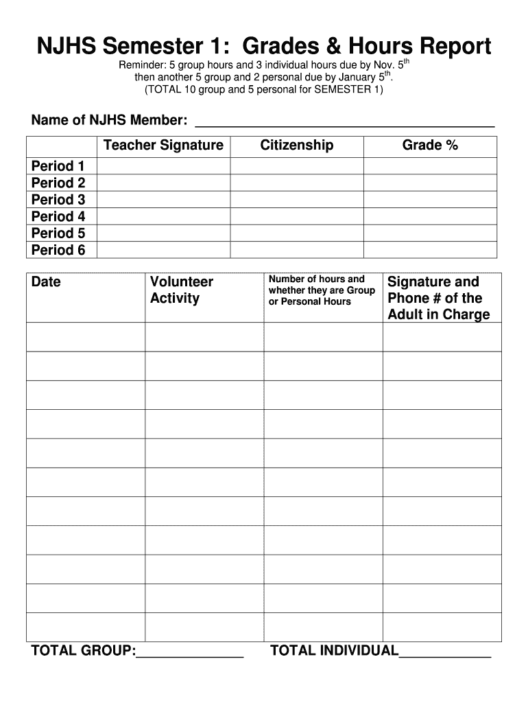 Fillable Online NJHS Semester 1 Grades amp Hours Report - Yola Fax ...