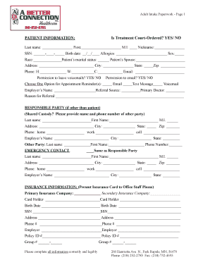 Fillable Online Adult Intake Paperwork (Updated 11916) Fax Email Print ...
