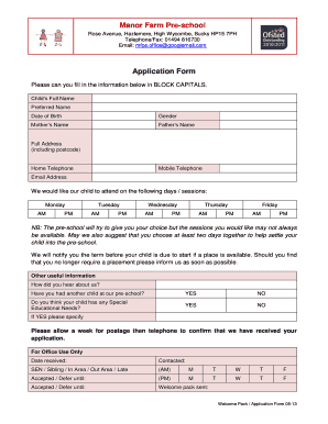 Fillable Online manorfarm-preschool co Application Form - Manor Farm ...