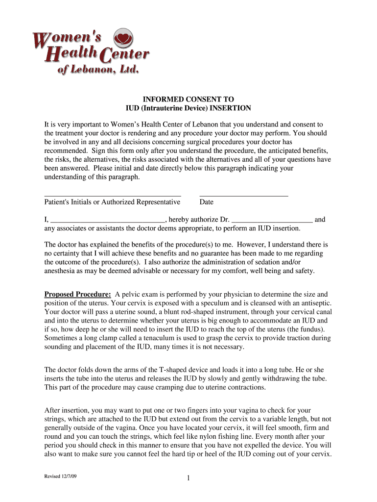 Fillable Online Informed Consent IUD Insertion - The Womens Health ...