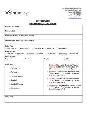Fillable Online LIFE INSURANCE Basic Information Questionnaire Fax ...