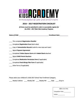 Fillable Online 2016 2017 REGISTRATION CHECKLIST All items must be ...