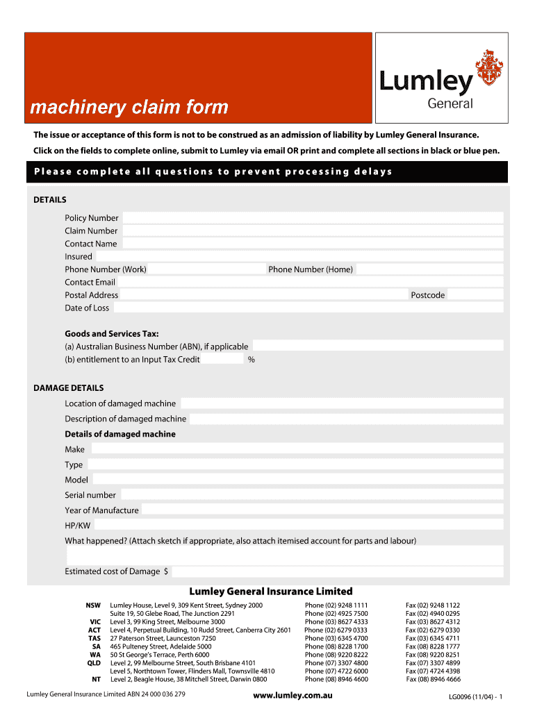 Fillable Online Machinery Claim Form - Insurance Aid Fax Email Print ...