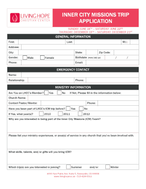 Fillable Online livinghopecc INNER CITY MISSIONS TRIP APPLICATION Fax Email Print - pdfFiller
