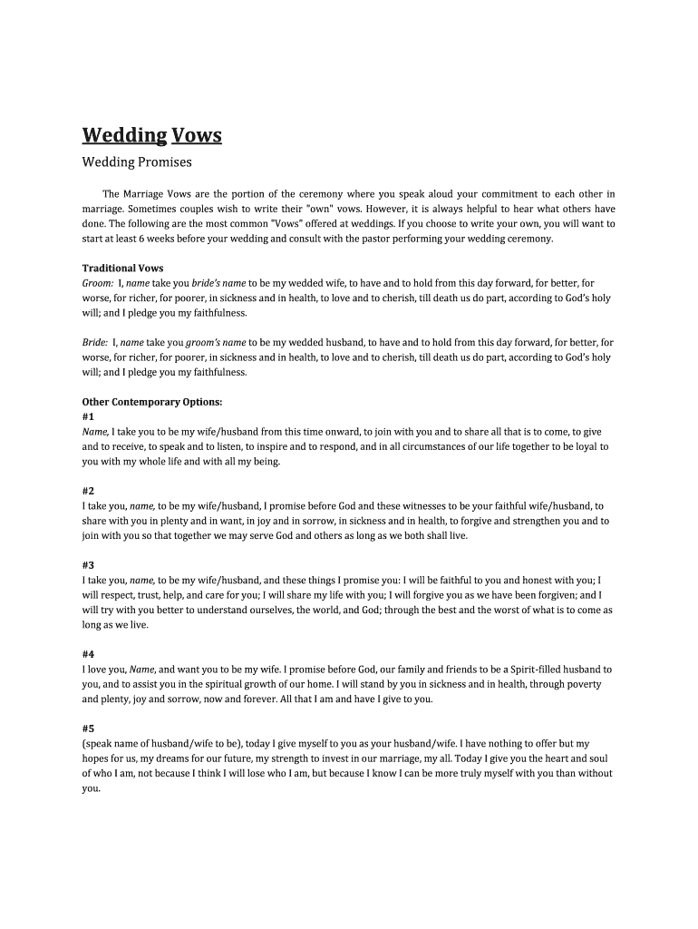 Fillable Online The Marriage Vows are the portion of the ceremony where ...