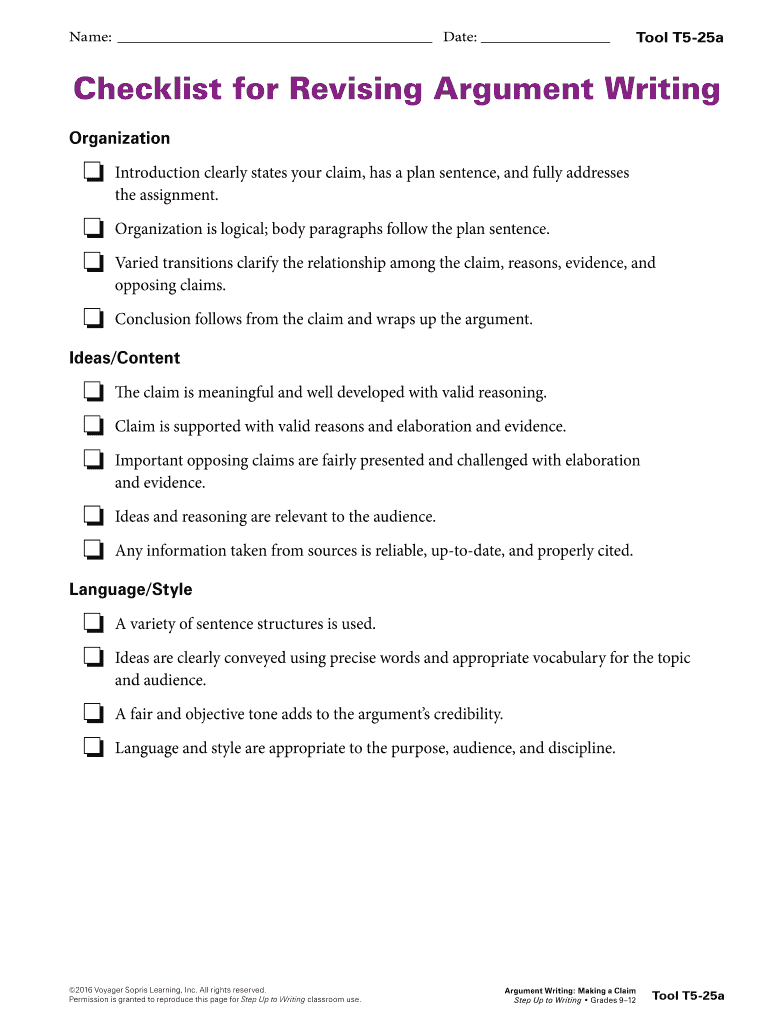Fillable Online T5-25a Checklist for Revising Argument Writing Fax ...