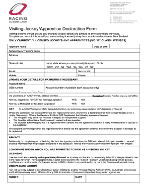 Fillable Online Visiting JockeyApprentice Declaration Form Fax Email ...
