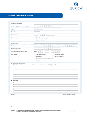 Fillable Online zurich co Formulir Keluhan Nasabah Nama Penerima ...