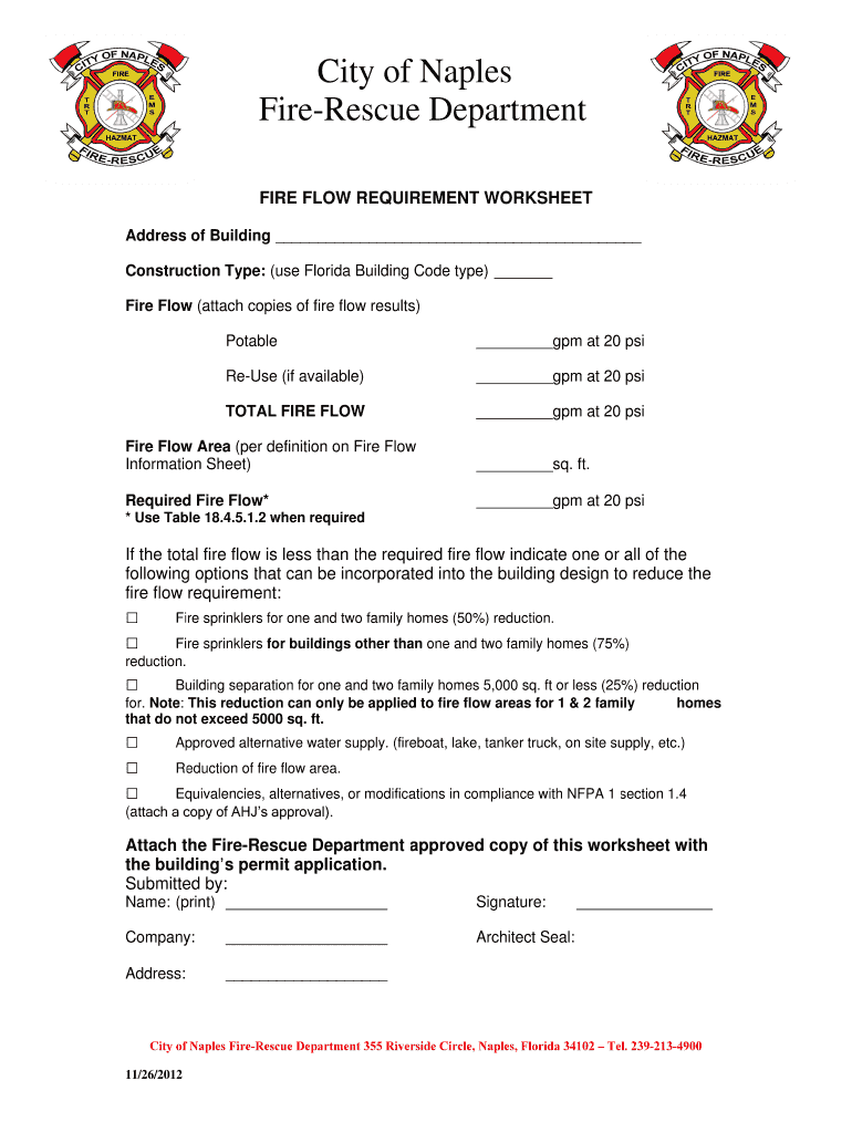 Fillable Online Fire Flow Requirement Worksheet - Naples Fax Email ...