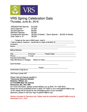 Fillable Online vrs vrs spring gala form Fax Email Print - pdfFiller