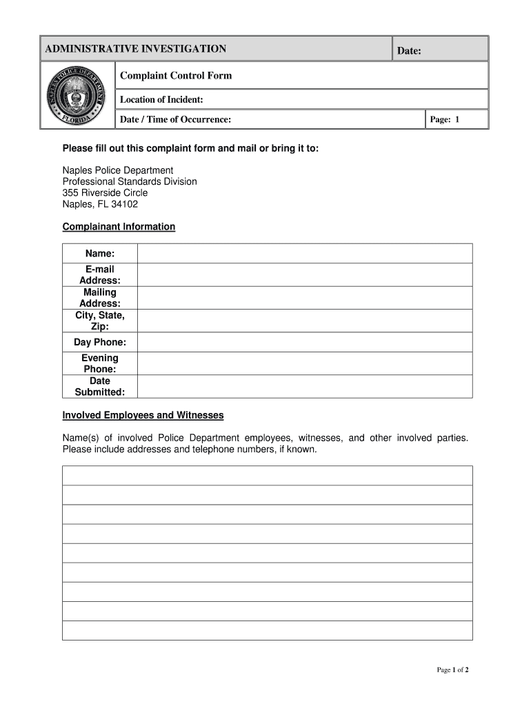 Fillable Online ADMINISTRATIVE INVESTIGATION Date Complaint Control ...
