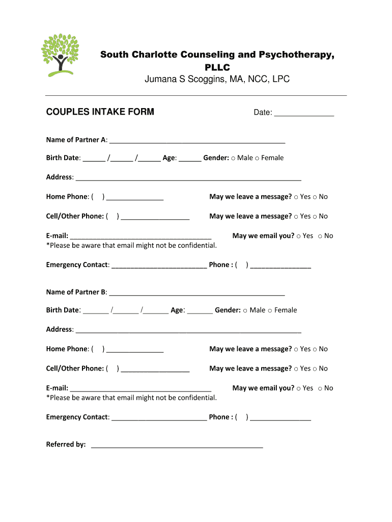 Fillable Online Couples Intake Form - South Charlotte Counseling Psychotherapy Fax Email Print ...