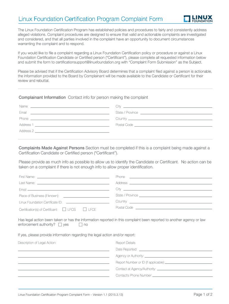 Fillable Online training linuxfoundation Linux Foundation Certication Program Complaint Form Fax ...