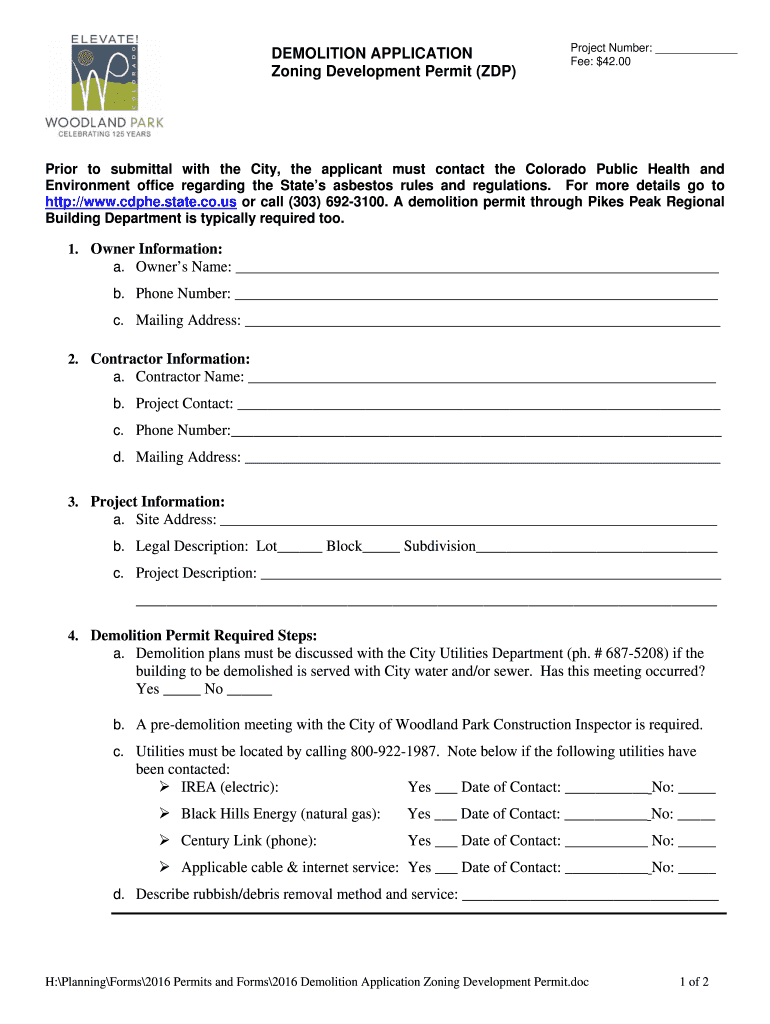 Fillable Online 2016 Demolition Application Zoning Development bPermitb ZDP Fax Email Print ...