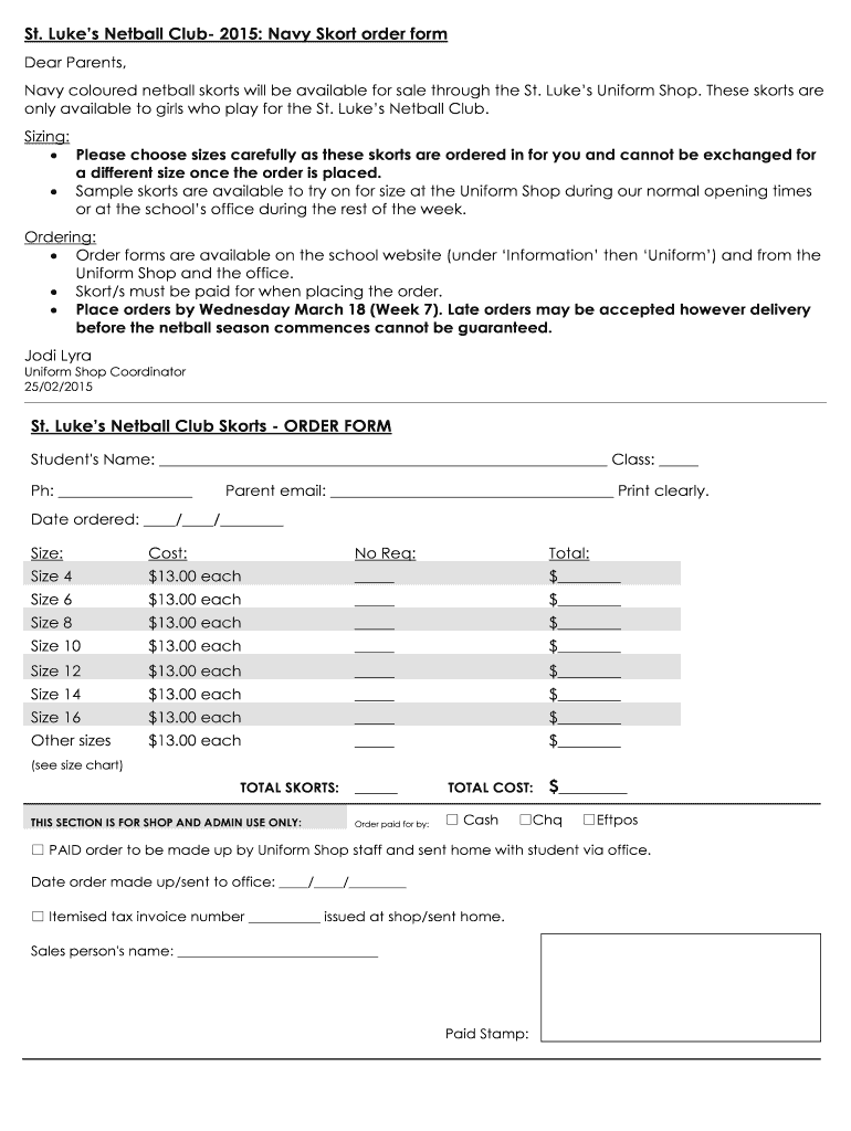 Fillable Online web stlukeswoodvale wa edu St Lukes Netball Club- 2015 ...