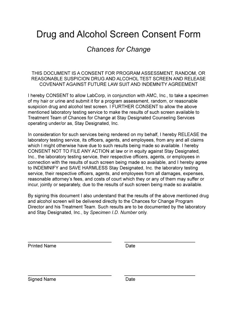 Fillable Online staydesignated Drug and Alcohol Screen Consent Form ...