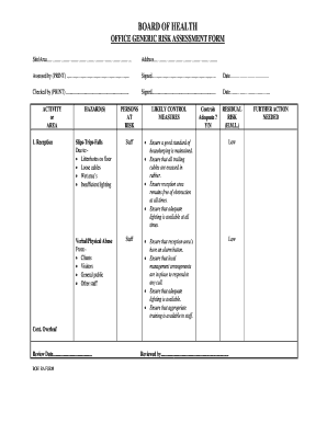 Fillable Online BOARD OF HEALTH OFFICE GENERIC RISK ASSESSMENT FORM ...