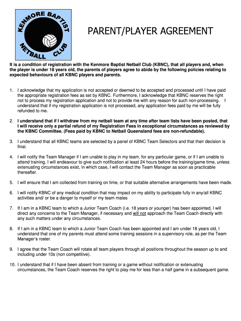 Fillable Online kbc org KENMORE BAPTIST NETBALL CLUB PARENTS AGREEMENT ...