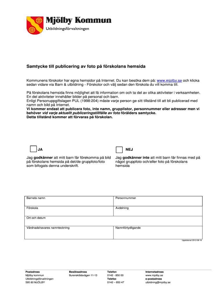 Fillable Online mjolby Samtycke till publicering av foto p frskolans hemsida Fax Email Print ...